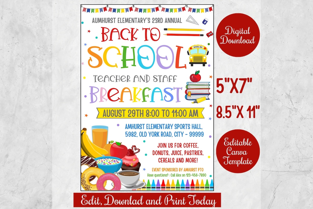 Back to School Teacher and Staff Breakfast Flyer for PTO, PTA ...