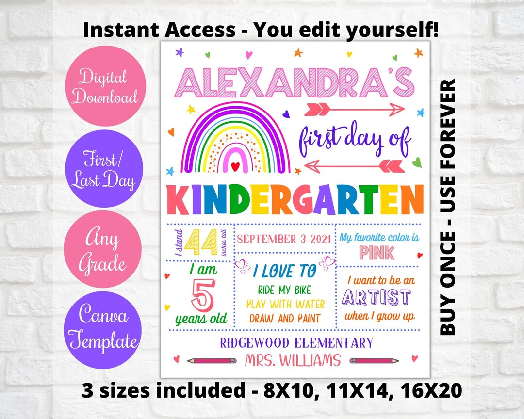 Rainbow First Day of School Sign Printable,pink Last/first Day Editable ...