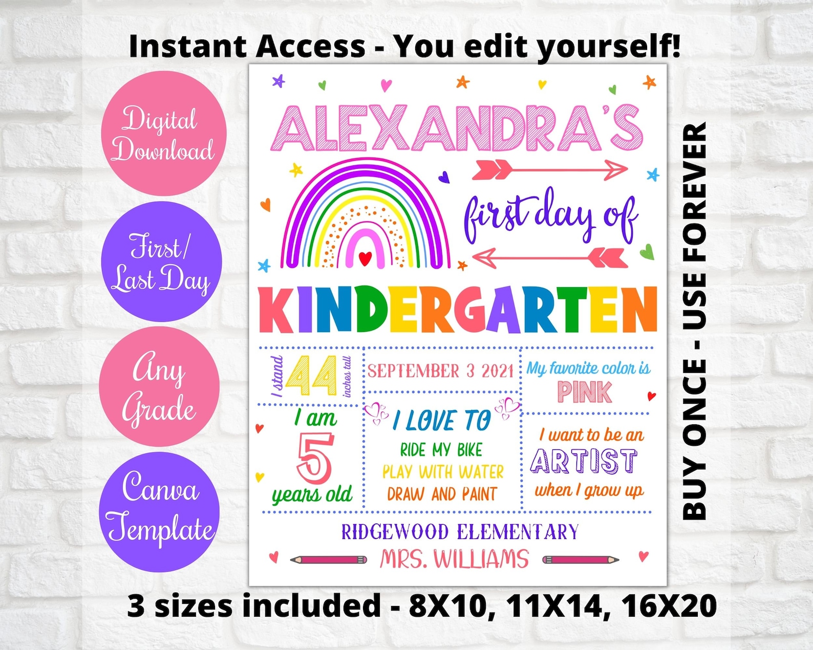 Rainbow First Day of School Sign Printable,pink Last/first Day Editable ...