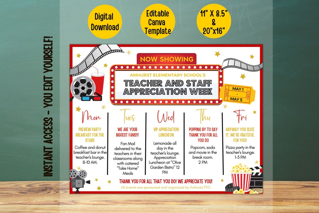 Editable Hollywood Movie Themed Teacher Appreciation Week Schedule, Pto ...
