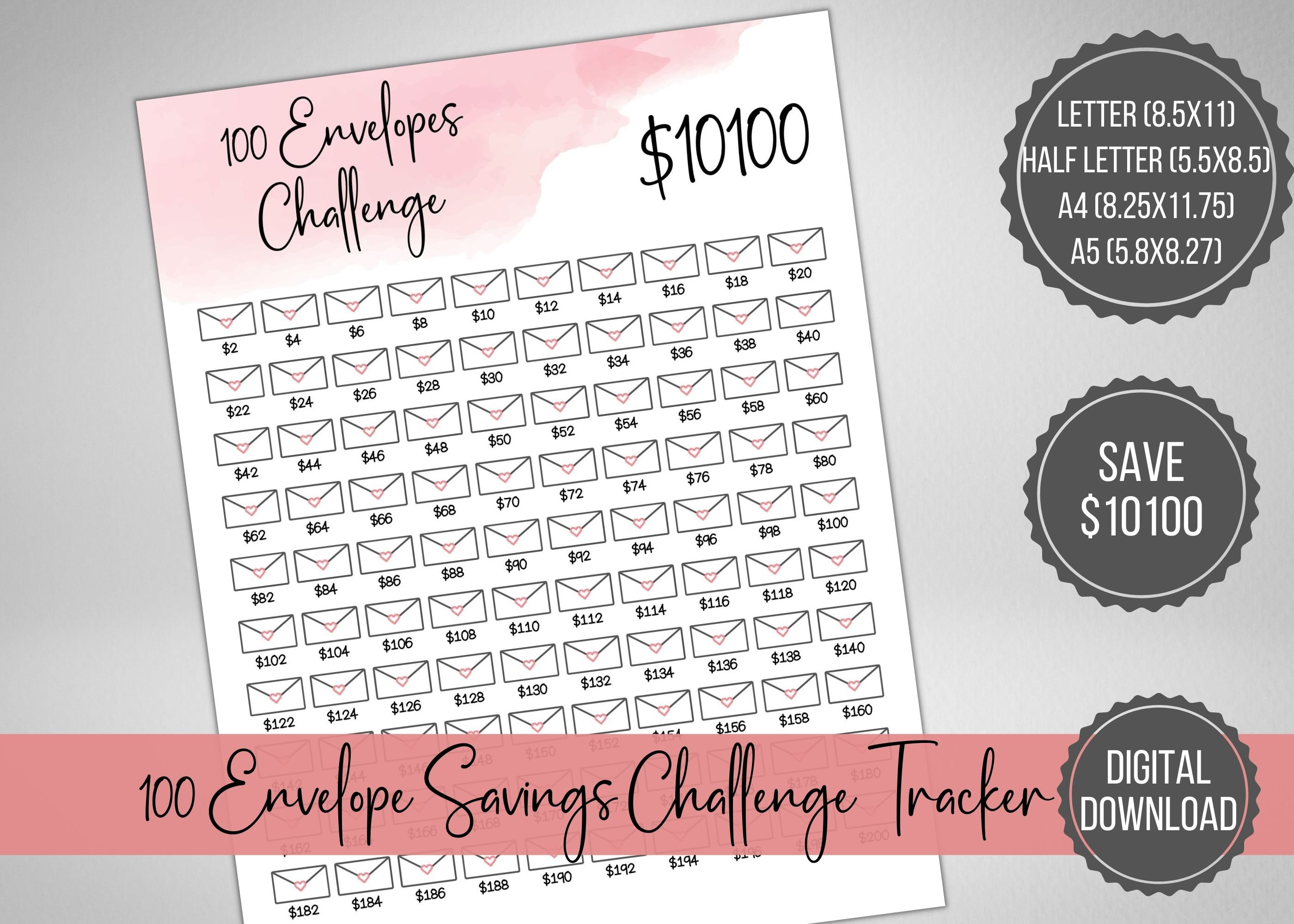 Printable 100 Envelope Challenge Tracker, Envelope Savings Tracker to ...