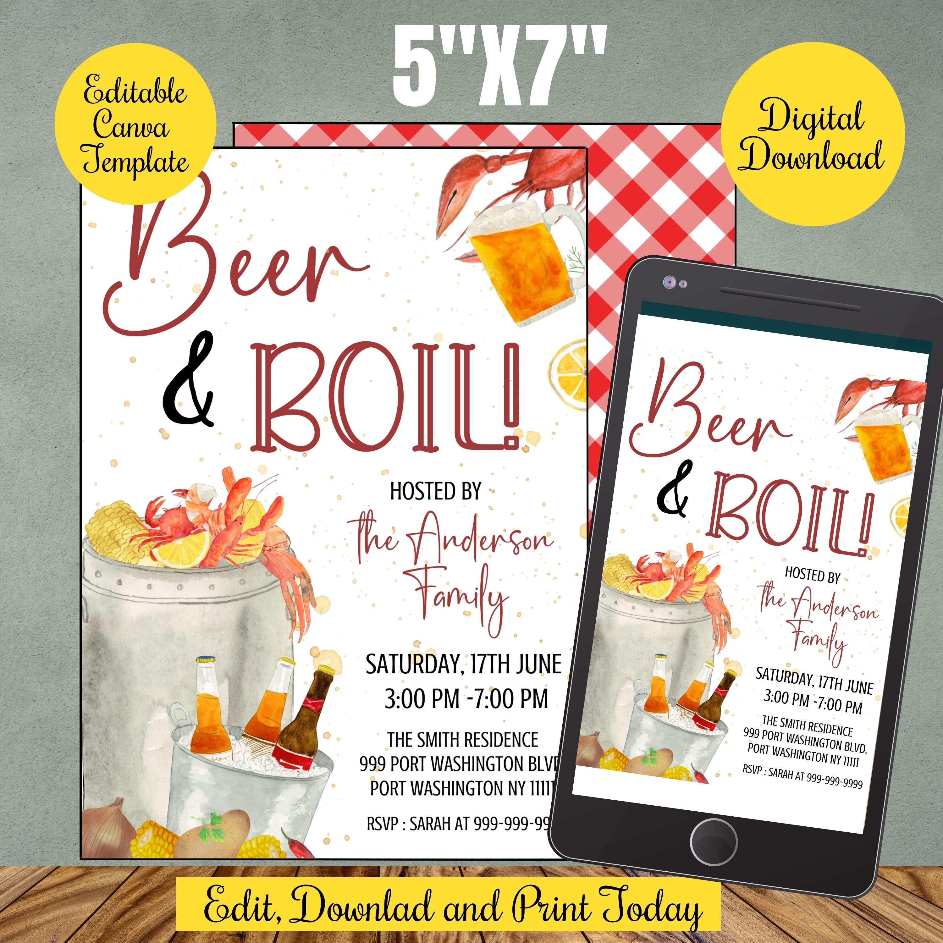 Beer and Boil Invite, Crawfish Boil Party Invite, Canva Template ...
