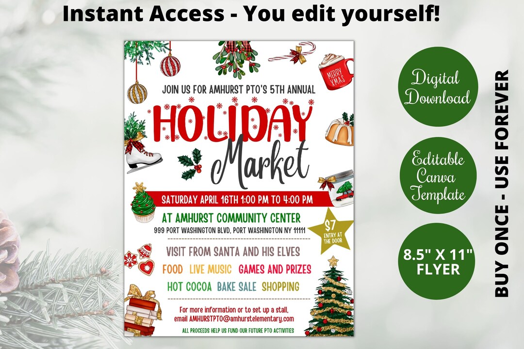 Holiday Market Flyer Template Editable, Printable Christmas Festival ...