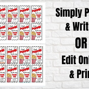 Popcorn Appreciation Gift Tag,just Poppin by to Say Thank You Gift Tag ...