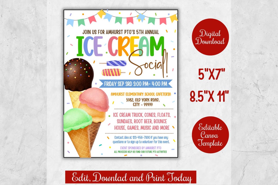 Editable Ice Cream Social Flyer Template | PTO, PTA, School Event ...