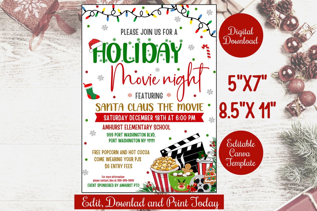 Editable Christmas Movie Night Invitation Template, PTO PTA Community ...