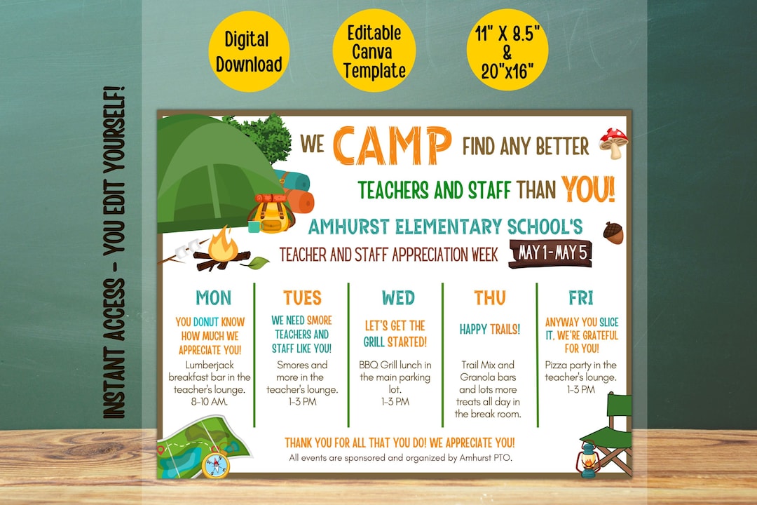 Editable Camping Themed Teacher Appreciation Week Schedule, Pto,camping ...