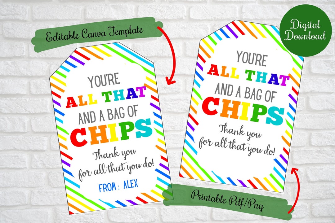 Bag of Chips Editable Thank You Gift Tags Teacher Employee - Etsy