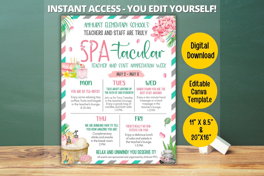 Spa Themed Teacher Appreciation Week Itinerary, Editable Spa-tacular ...