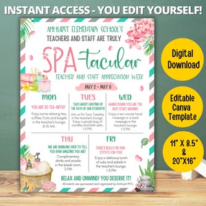 Spa Themed Teacher Appreciation Week Itinerary, Editable Spa-tacular ...