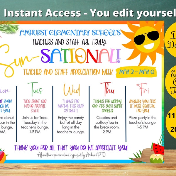 Teacher Appreciation Schedule Printable - Etsy