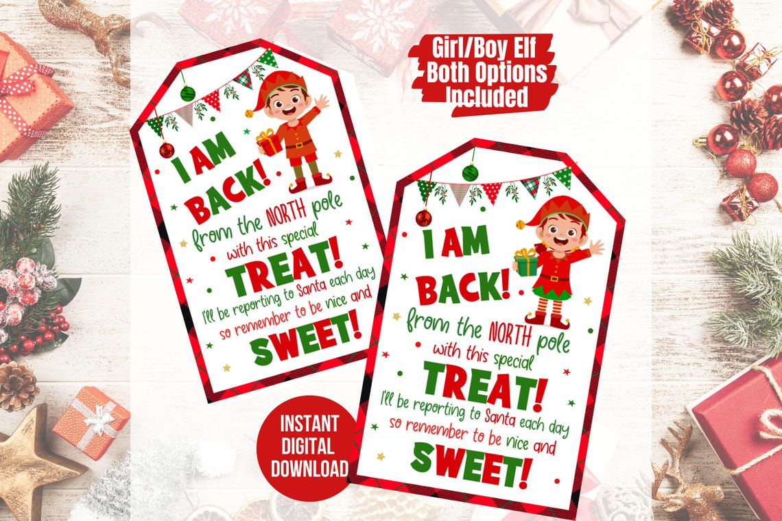 Elf I Am Back Gift Tags, Christmas Elf Tradition, Elf Back With Gifts ...