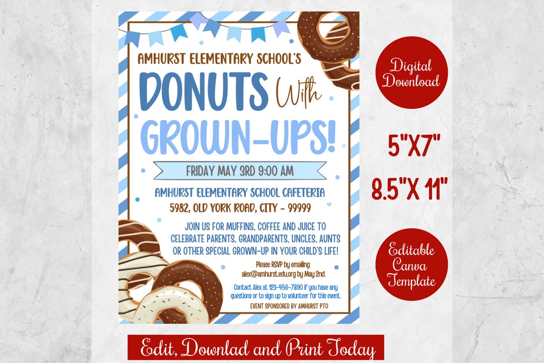 Donuts With Grownups PTO PTA Flyer, Donuts With Dad Event Invite Poster ...