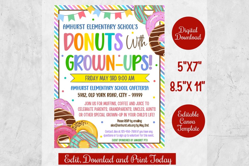 Donuts With Grownups Invitation Flyer for PTO, PTA, Printable Father's ...