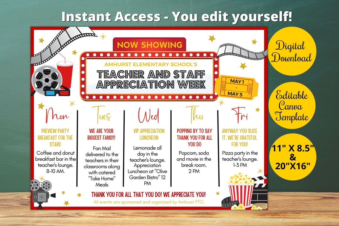 Editable Hollywood Movie Themed Teacher Appreciation Week Schedule, Pto ...