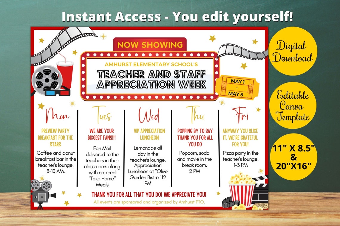 Editable Hollywood Movie Themed Teacher Appreciation Week - Etsy UK