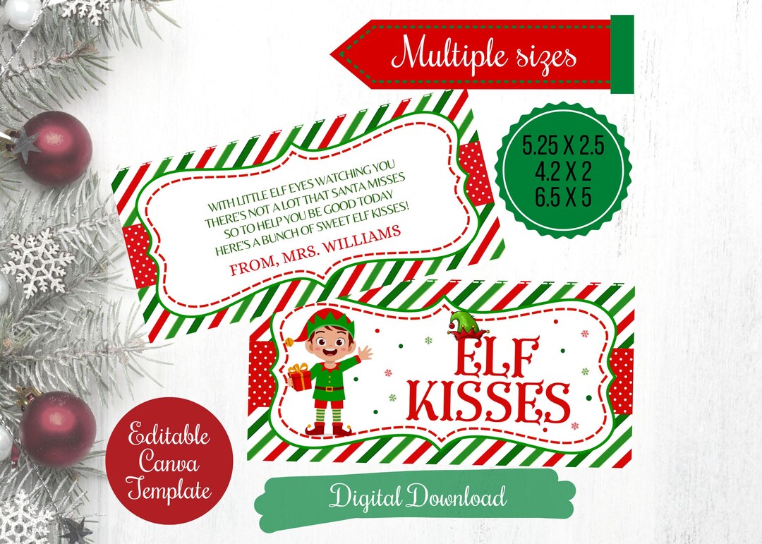 Elf Kisses Treat Bag Toppers,editable Christmas Elf Kisses Fold Over ...