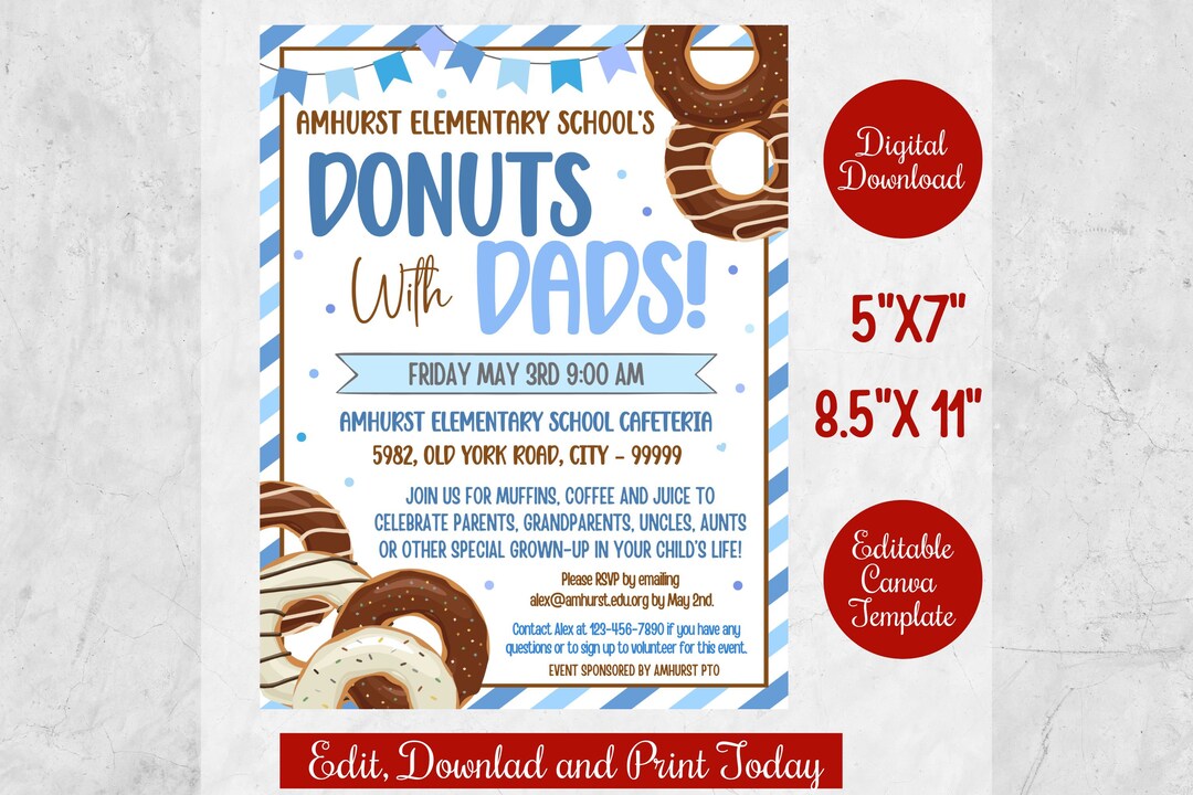 Donuts With Dads PTO PTA Flyer,donuts With Grownups Event Invite, Canva ...