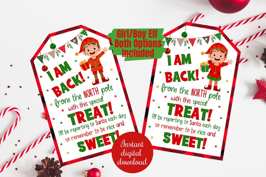 Elf I Am Back Gift Tags, Christmas Elf Tradition, Elf Back With Gifts ...