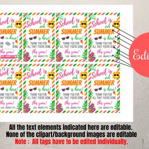 Schools Out Summer's Here Editable Thank You Gift Tags, Teacher ...