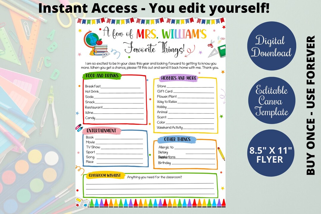 Editable Colorful Teacher Favorites Questionnaire, Back to School ...