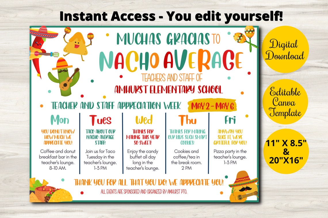 Editable Nacho Average Teacher Appreciation Week Schedule - Etsy