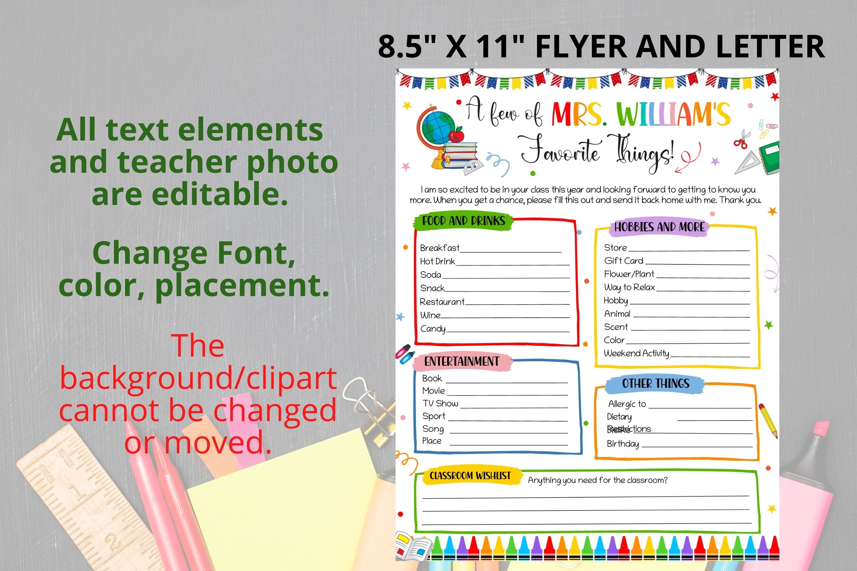 Editable Colorful Teacher Favorites Questionnaire, Back to School ...