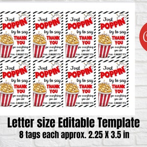 Popcorn Appreciation Gift Tag,just Poppin by to Say Thank You Gift Tag ...