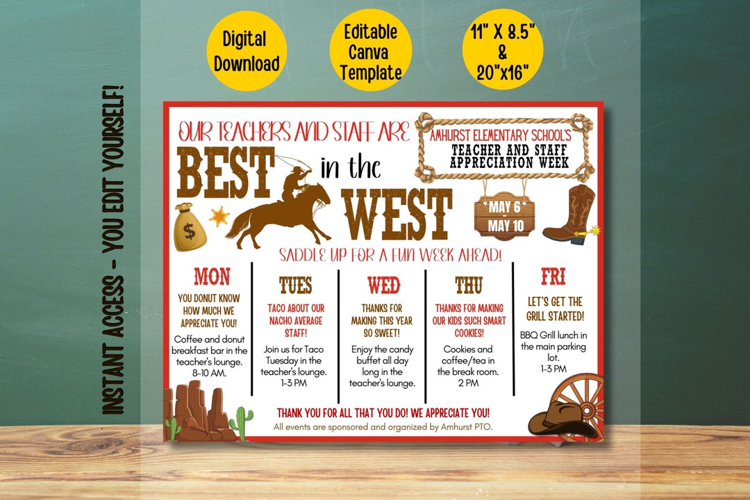 Editable Western Themed Teacher Appreciation Week Schedule, Pto,best of ...
