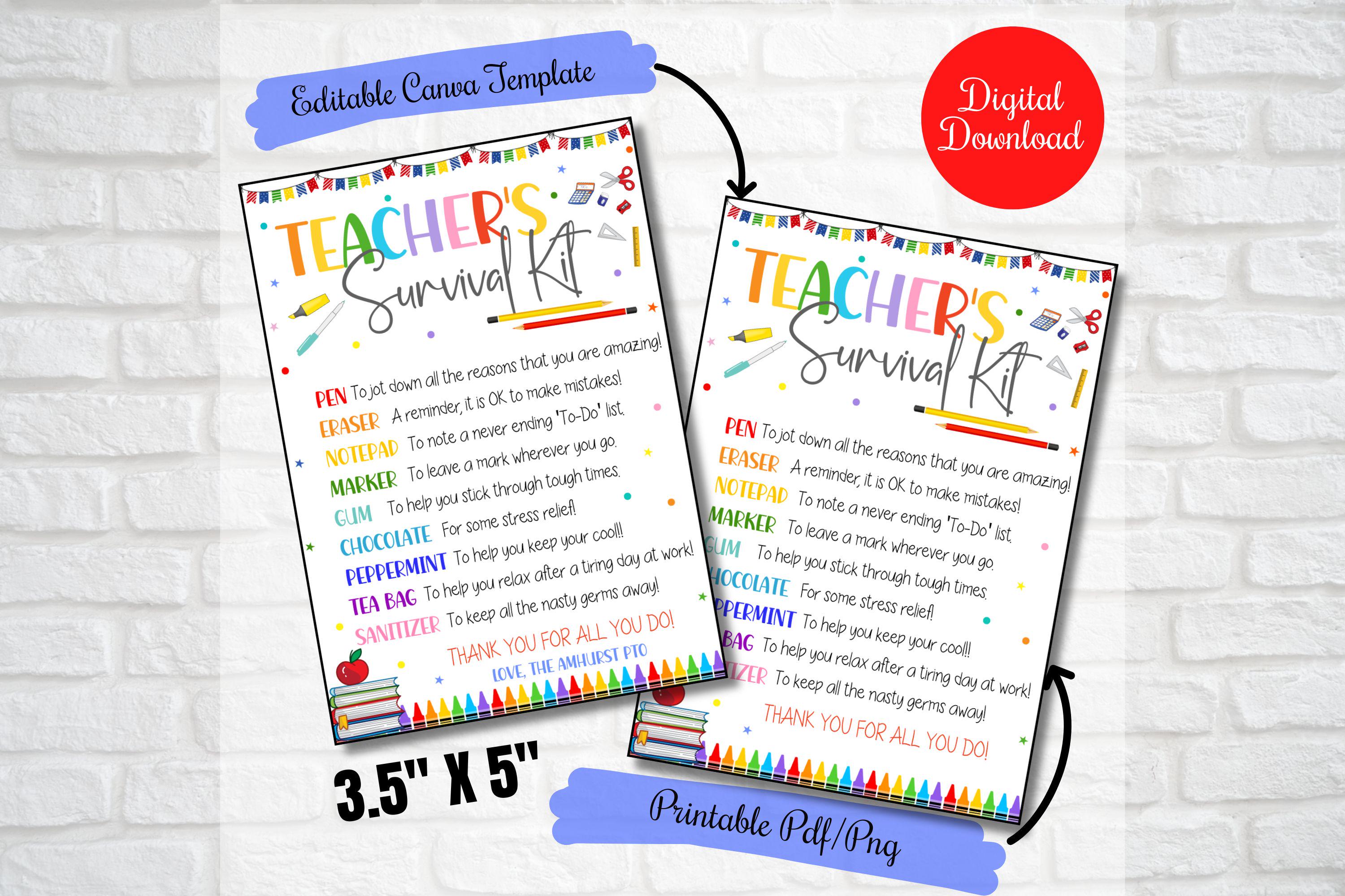 Editable Teacher's Survival Kit, School Supplies Gift Tag, Teacher PTO ...