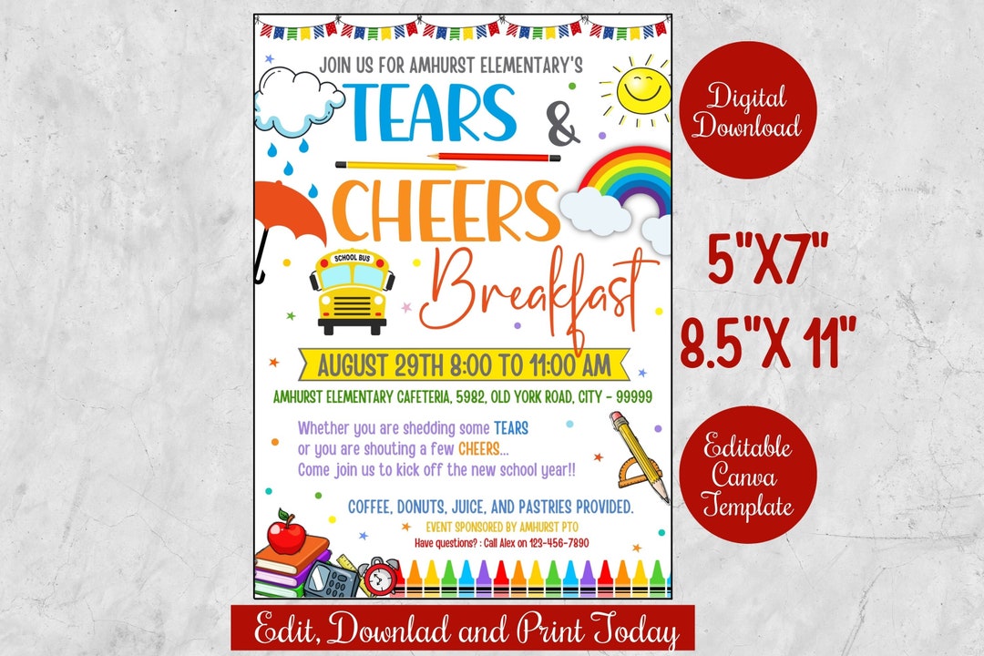 Tears and Cheers Breakfast Flyer for PTO, PTA, Printable Back to School ...