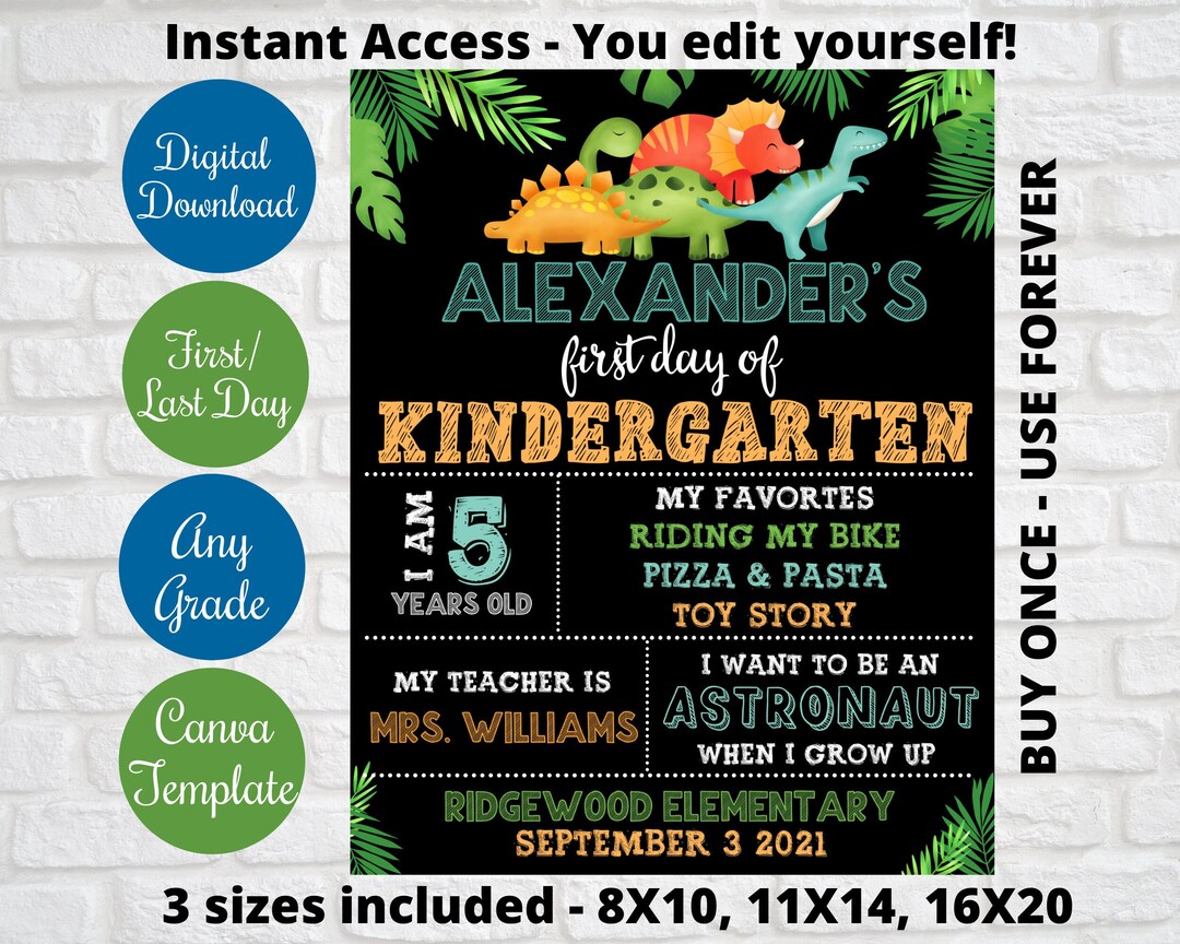 Editable Dinosaur First Day of School Sign Printable, Editable Canva ...