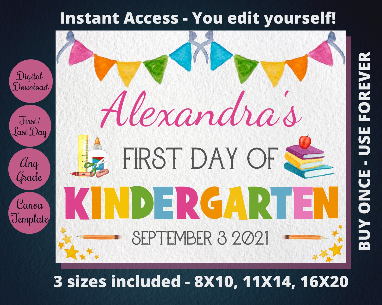 Watercolor First Day of School Sign Printable Cute Simple - Etsy