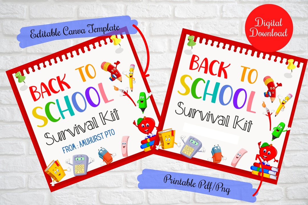 Back to School Survival Kit Printable Tag, School Supplies Gift Tag Sor ...