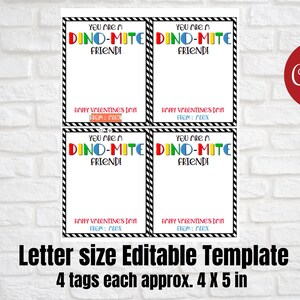 Dinomite Valentine Gift Tags Printable, Editable Dinosaur Valentine ...