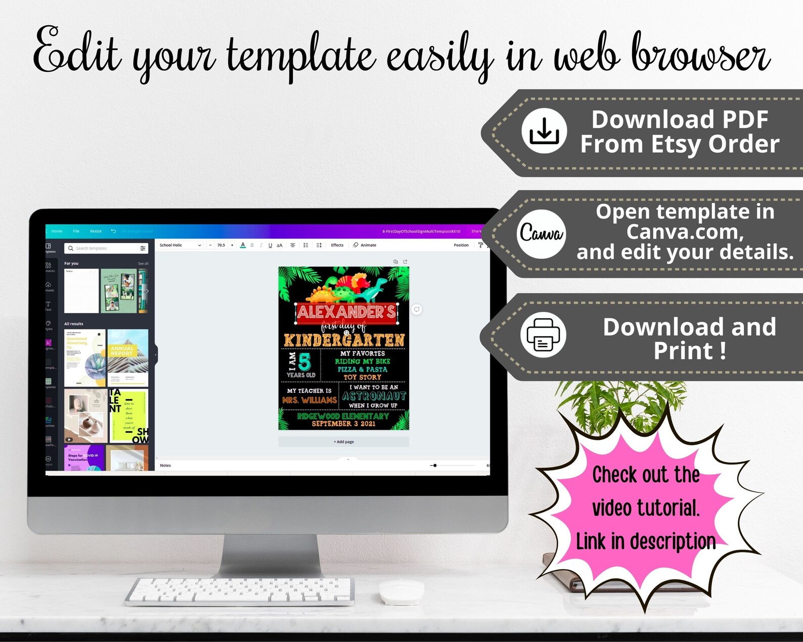 Editable Dinosaur First Day of School Sign Printable, Editable Canva ...