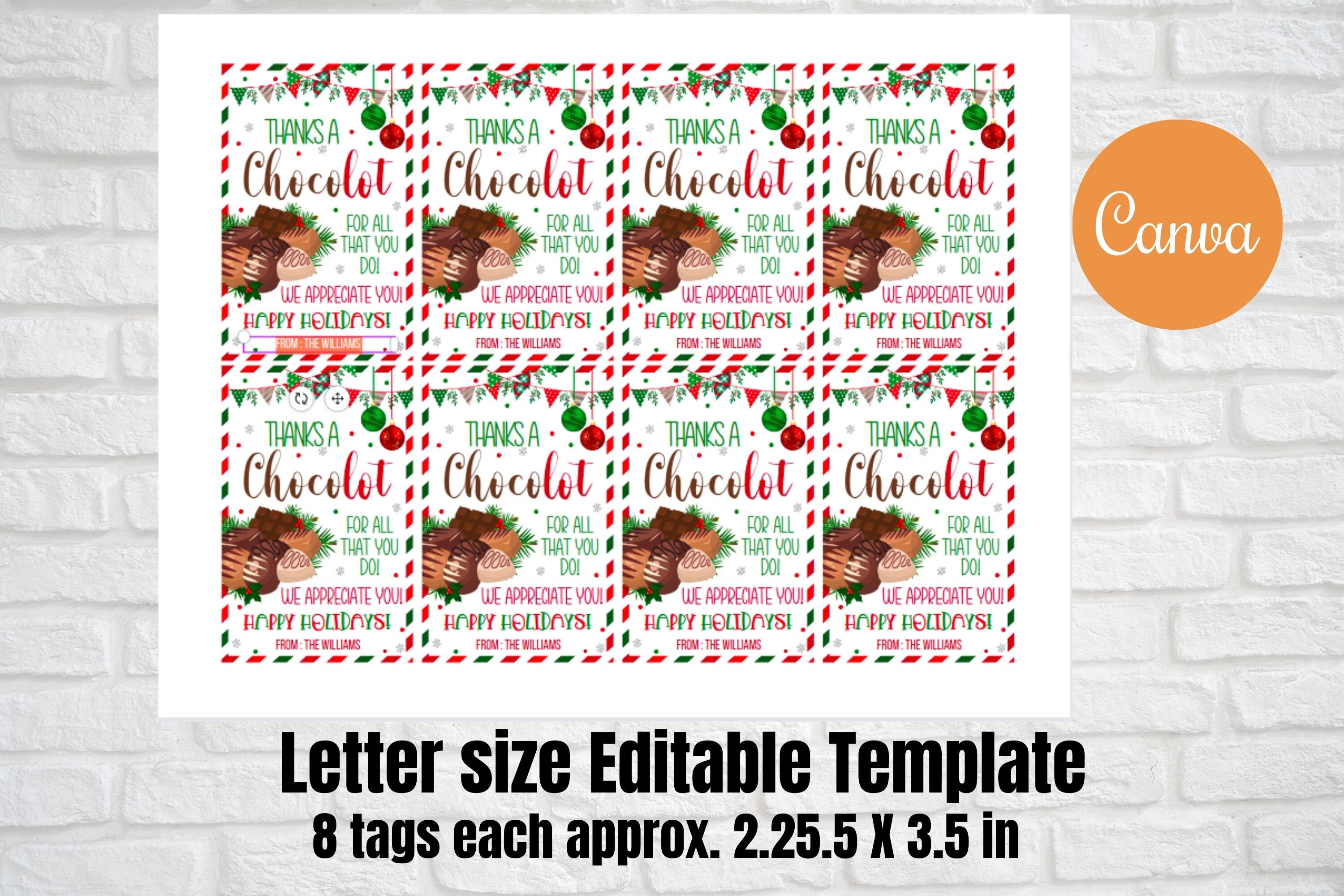 Thanks a Chocolot for All That You Do Gift Tags,christmas Chocolate ...