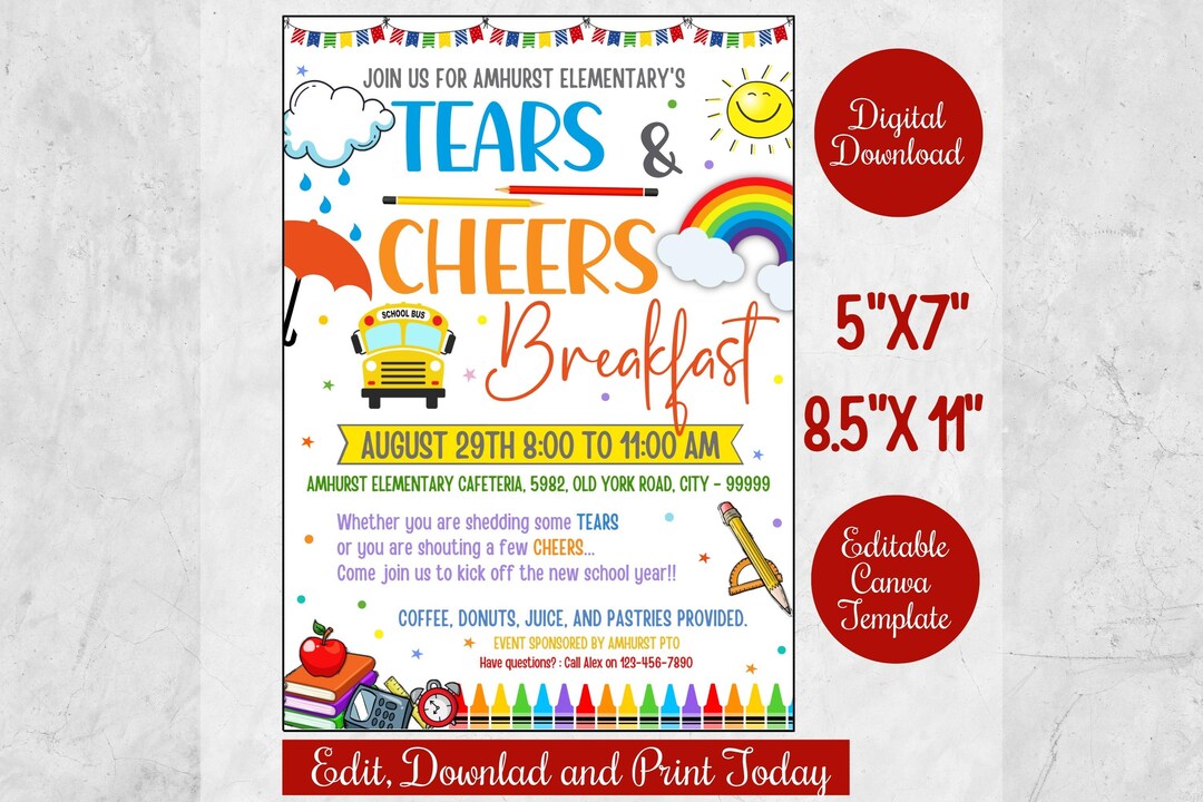 Tears and Cheers Breakfast Flyer for PTO, PTA, Printable Back to School ...