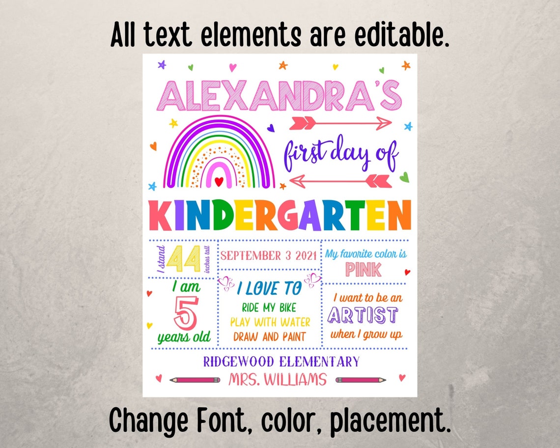 Rainbow First Day of School Sign Printable,pink Last/first Day Editable ...