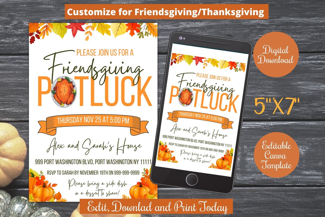 Friendsgiving Potluck Party Invite Printable, Thanksgiving Dinner Party ...