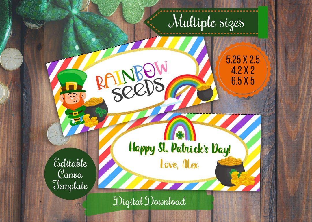 Editable Rainbow Seeds St Patrick's Day Treat Bag Topper, Rainbow ...