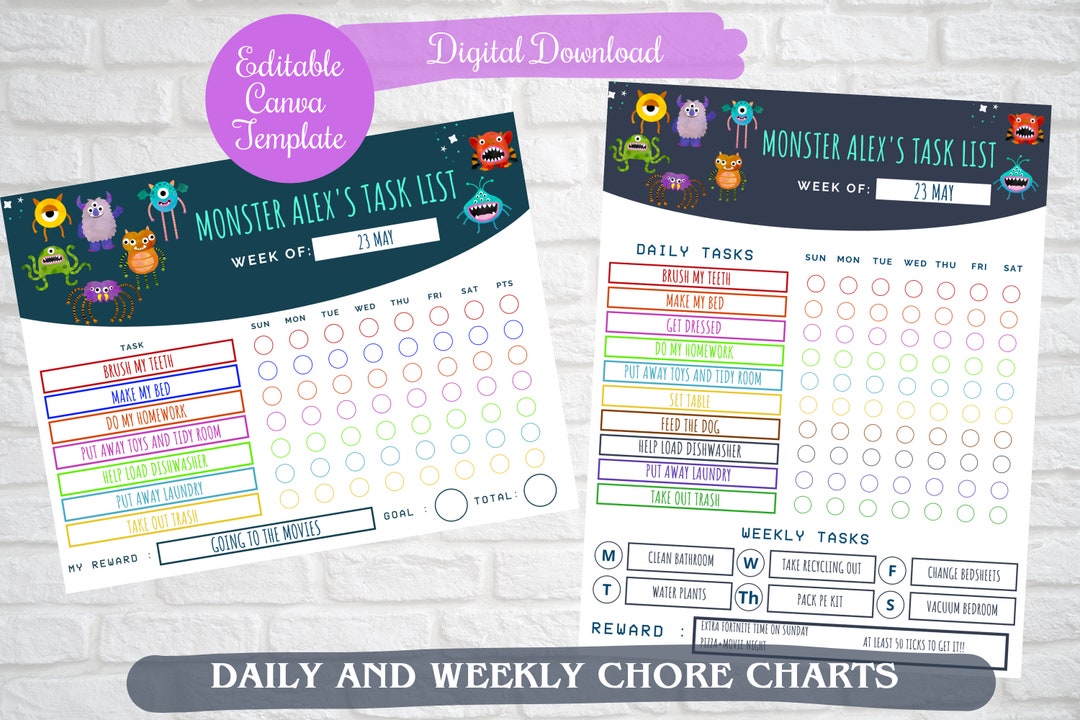 Cute Monster Themed Responsibility Chore Chart for Kids in Editable ...
