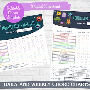 Cute Monster Themed Responsibility Chore Chart for Kids in Editable ...