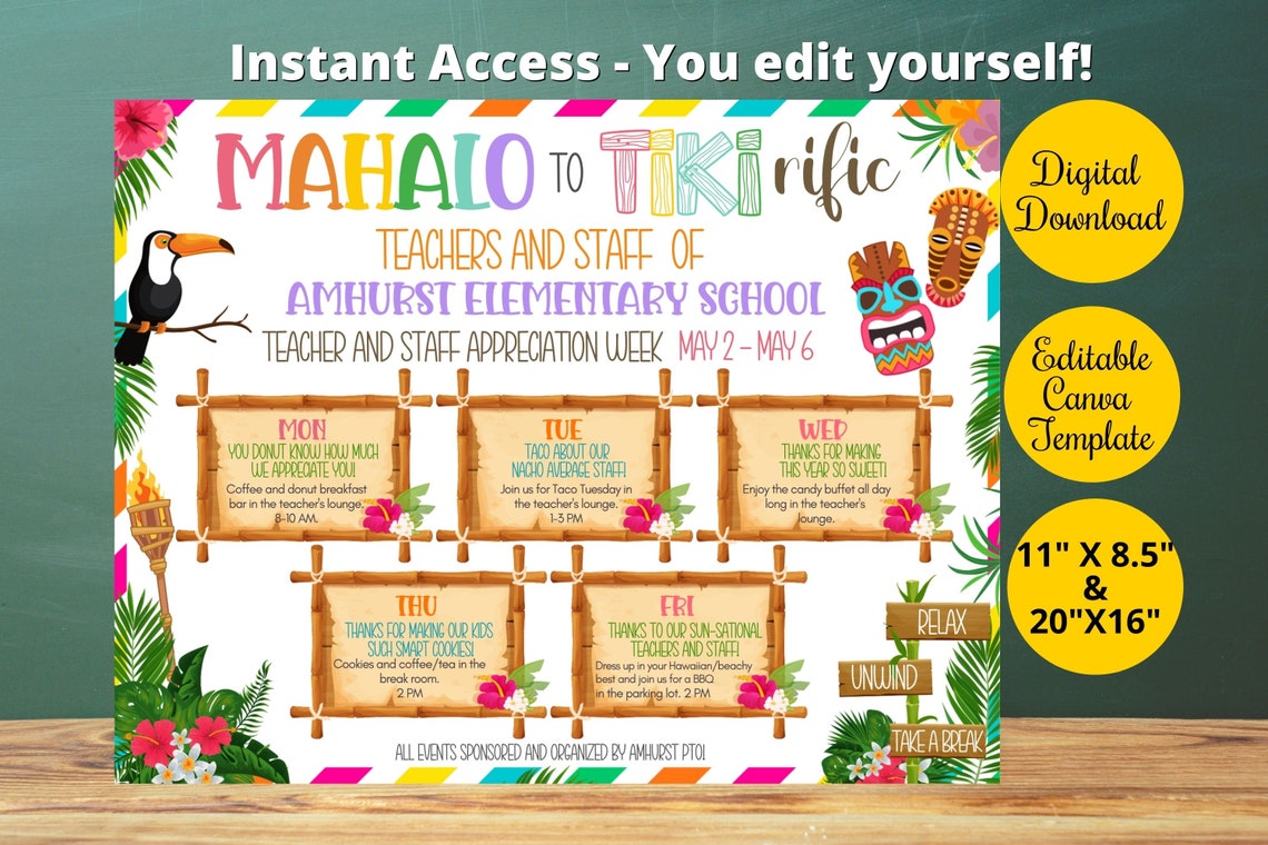 Editable Hawaii Luau Themed Teacher Appreciation Week | Etsy