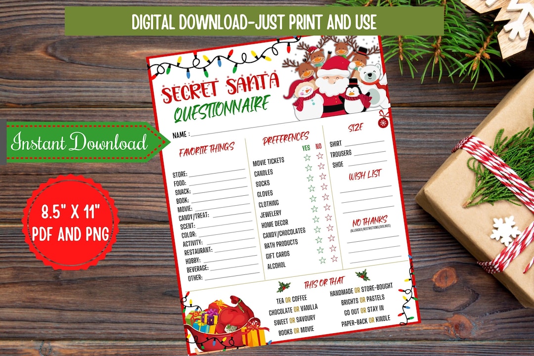 Secret Santa Questionnaire for Gift Exchange, Office Work Family Gift ...
