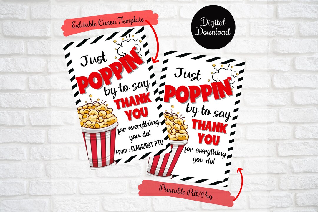 Popcorn Appreciation Gift Tag,just Poppin by to Say Thank You Gift Tag ...
