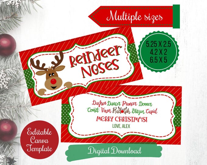 Reindeer Noses Bag Topper, INSTANT EDITABLE DOWNLOAD, Holiday Treat Bag ...