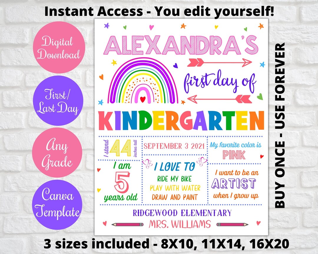 Rainbow First Day of School Sign Printable,pink Last/first Day Editable ...