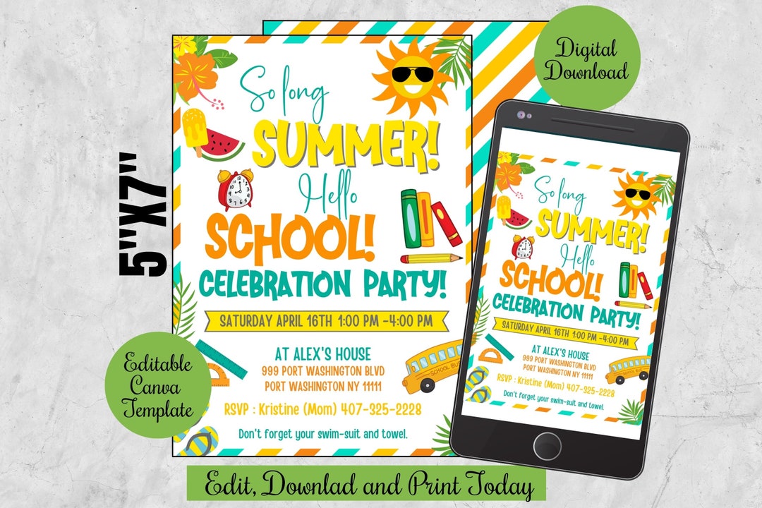 EDITABLE End of Summer Pool Party Invite Evite ,back to School Party ...