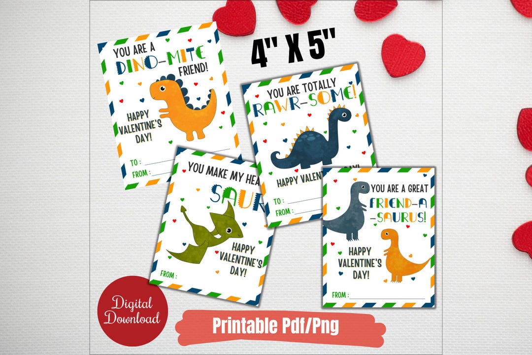 Printable Valentine Dinosaur Cards, Instant Download, Dinosaur Class ...
